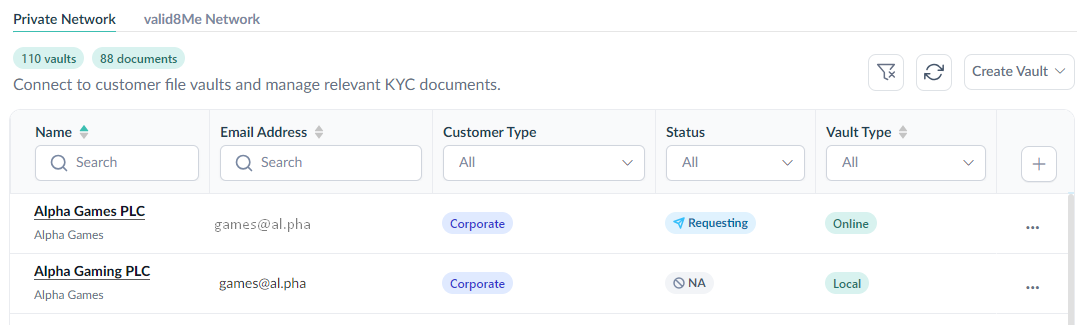 Linking vaults in the valid8Me Vault Hub